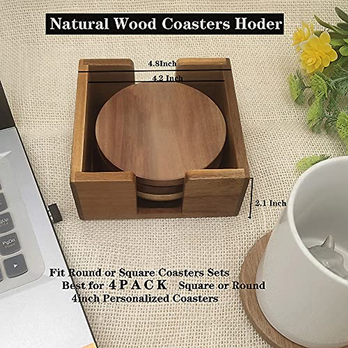 Natural Wooden Coasters Holder ，Minimalist Holder-for Square or Round Coaster with Paded Base , Coaster Holder Without Coaster , Hold Coasters of Upto 4" in Size