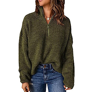 EVALESS Sweaters for Women Waffle Knit Long Sleeve Quarter Zip Pullover for Women Business Casual Fall Fashion Tops Winter Trendy Aestheic Teathcer Clothes V Neck Oversized Green Sweater,Samll Size