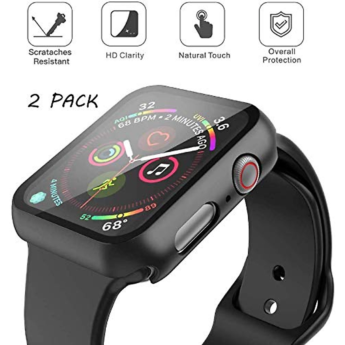 Misxi 2 Pack Hard PC Case with Tempered Glass Screen Protector Compatible with Apple Watch Series 6 SE Series 5 Series 4 44mm, Black