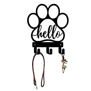 Dog Leash Holder for Wall, Leash Holder Wall Mount,Dog Stuff Storage Organizer, Wall Mount with Hello - Dog Leash, Dog Stuff, Key, Organizer Wall for Entryway,Dog Paw Shape Leash Hook Black