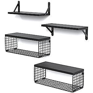 Aiyome, Wall Floating Shelves, Wall Mounted Shelf Set of 4, with Metal Baskets, Rustic Décor Style, Shelf for Bathroom, Kitchen, Bedroom, Storage, Living Room - Black.