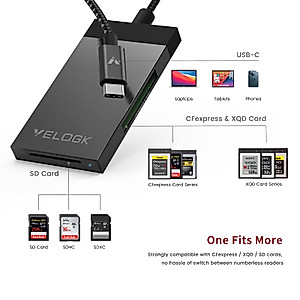 3-in-1 CFexpress/XQD/SD Card Reader USB C, VELOGK Dual-Slot USB 3.2(10Gbps) CFexpress Type B Card Reader Adapter compatible with Android/Windows/Mac OS/Linux, with Brushed Aluminum Case&Portable Pouch