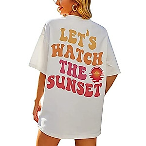 MISSACTIVER Women Summer Sun Letter Graphic Print T Shirt Oversized Crewneck Short Sleeve Drop Shoulder Tee Blouse Tops(Large,White)