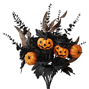 Anna's Whimsy 10PCS Halloween Decor Artificial Flowers Black Roses with Pumpkins, Halloween Table Centerpiece for Dining Kitchen Living Room Bedroom Front Door, Silk Flowers Bouquet Indoor Outdoor