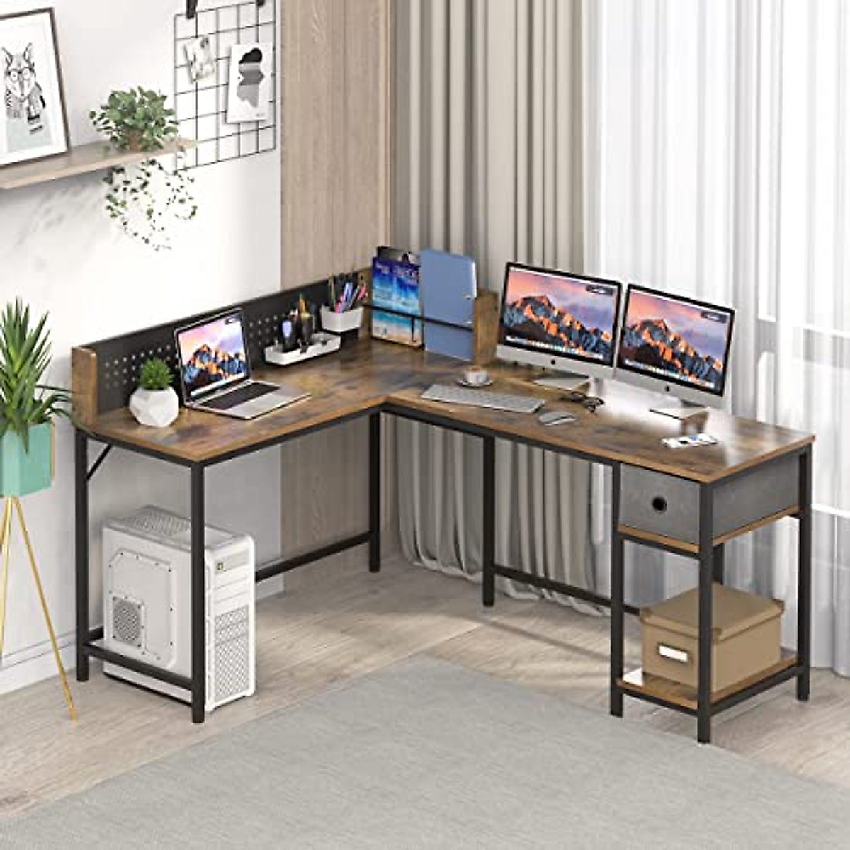 NSdirect Computer Desk,55" Home Office Desk with Bookshelf Industrial Study Writing Table with Space Saving Design Modern Simple Style Laptop Table (Rustic Brown)