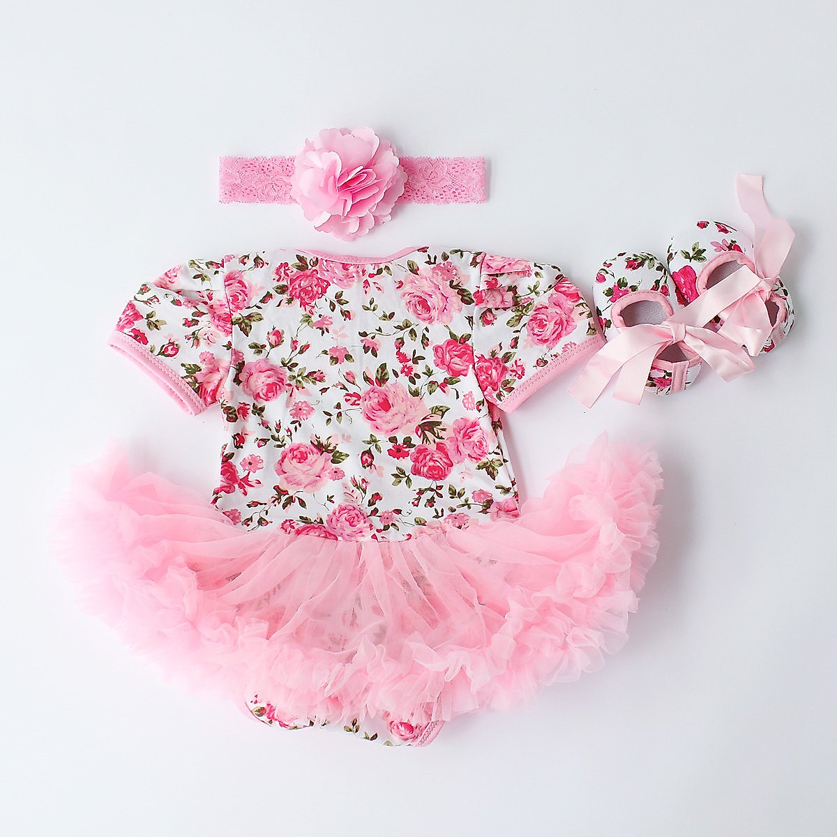 Baby Girls 3 Piece Sets Romper Dress Shoes and Headband Rose Flower Outfits Clothes Pink S:3-6Months