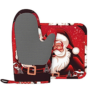 Santa Claus Christmas Printed Oven Mitts and Pot Holders Sets Heat Resistant Kitchen Oven Gloves Potholders Set Extra Long Non-Slip Silicone Gloves for Cooking Baking BBQ