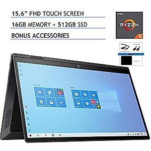 HP Envy x360 2-in-1 2021 Premium 15.6” FHD Touch Screen Laptop, 6 Core AMD Ryzen 5-4500U 2.3GHz, 16GB RAM, 512GB SSD, AMD Radeon, No DVD, Wi-Fi, Bluetooth, Webcam, HDMI, Windows 10, Bonus Accessories