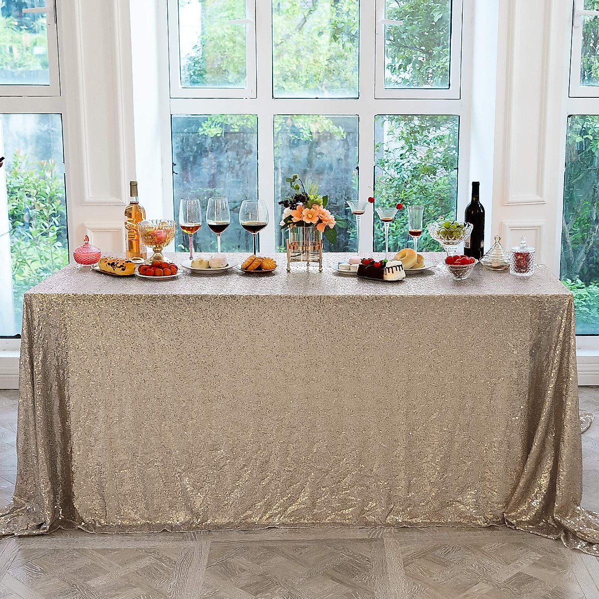 HMQIANG Champagne Sequin Tablecloth 90''x132'' Sparkly Glitter Table Cover Overlays for Wedding Bridal Shower Birthday Party Prom Decorations