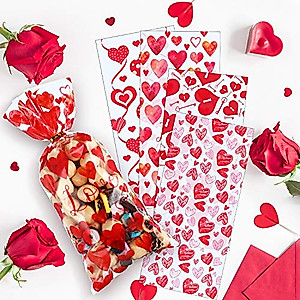 100 Pieces Valentines Party Treat Bags Mixed Heart Print Pattern Cellophane Plastic Goodie Candy Gift Favor Bags with 200 Pieces Gold and Red Twist Ties for Valentine's Day Party Decorations