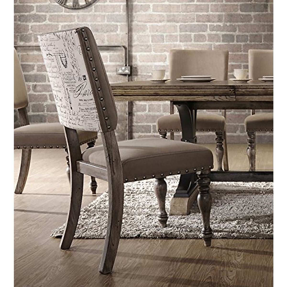 Roundhill Furniture Birmingham Script Printed Driftwood Finish Dining Chair with Nail head, Set of 2,