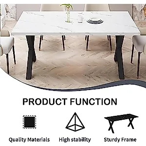 70.87" Faux Marble Dining Table, Modern Rectangular Dining Table with Printed Marble Table Top and X-Shape Stainless Steel Table Leg/Metal Base for Kitchen & Dining Room（White Top+ Black Legs）