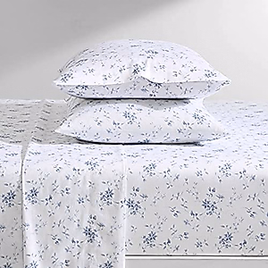 Laura Ashley Home - Queen Sheets, Soft Sateen Cotton Bedding Set - Sleek, Smooth, & Breathable Home Decor (Garden Muse Blue, 4 pieces, Queen)