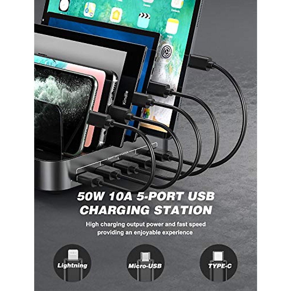 Charging Station for Multiple Devices, 5 in 1 Multi USB Charger Station with iWatch & Airpod Stand and 8 Mixed Short Cables, 50W Charging Dock Compatible with iPhone, iPad, Cell Phone, Tablets