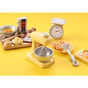 Miniature Dollhouse Kitchen Set 1:12 Decoration Waffle Maker Toaster Scale Stand Mixer Flour 10PCS Modern Mini House Furniture Accessories Kit Pretend Play (Yellow)