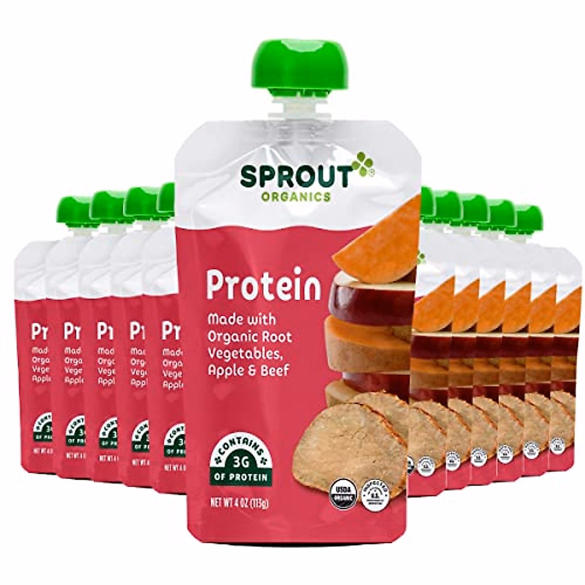 Sprout Organic Baby Food Pouches Stage 3, Organically Sourced Meat Protein, Root Vegetables Apple w/ Beef, 4 Ounce (Pack of 12)
