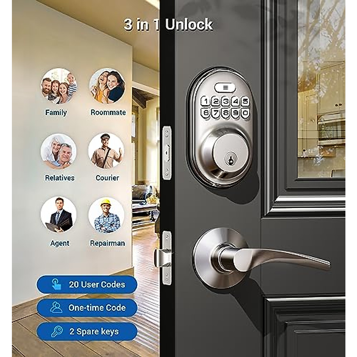 Veise Keyless Entry Door Lock with 2 Lever Handles - Electronic Keypad Deadbolt, Auto Lock, Back Lit & Easy Installation Design, Front Door Handle Sets, Satin Nickel