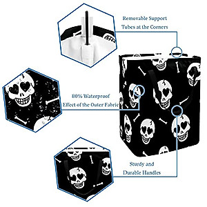 Heart Eye Skull and Bones Print Collapsible Laundry Hamper, 60L Waterproof Laundry Baskets Washing Bin Clothes Toys Storage for Dorm Bathroom Bedroom