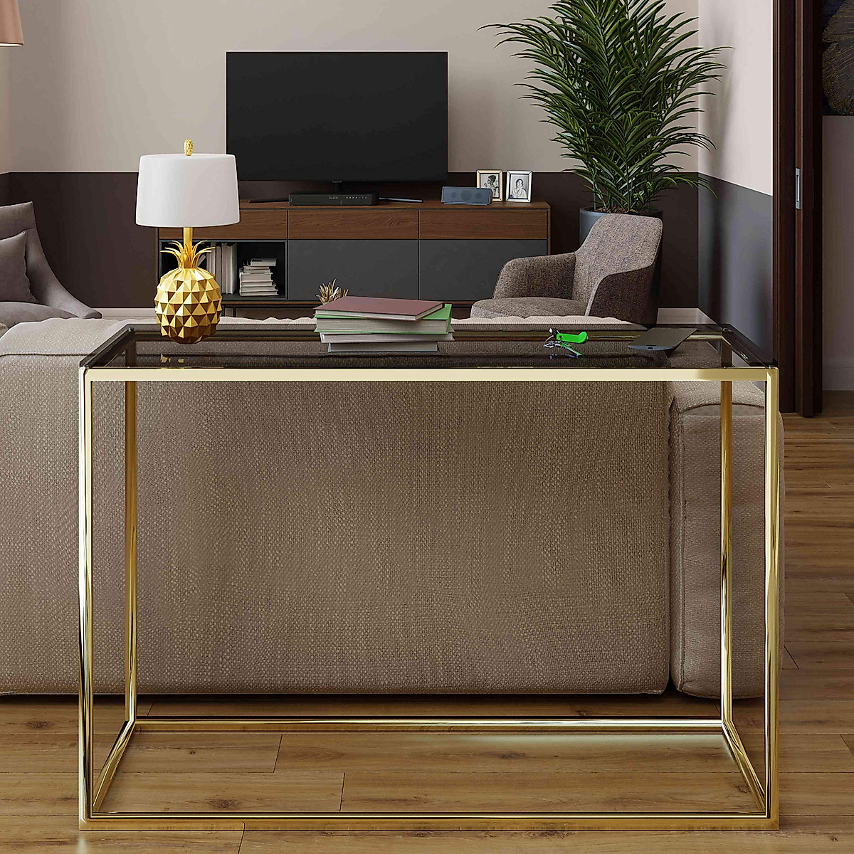 Cortesi Home Jul Console Table in Gold Stainless Steel and Smoked Glass