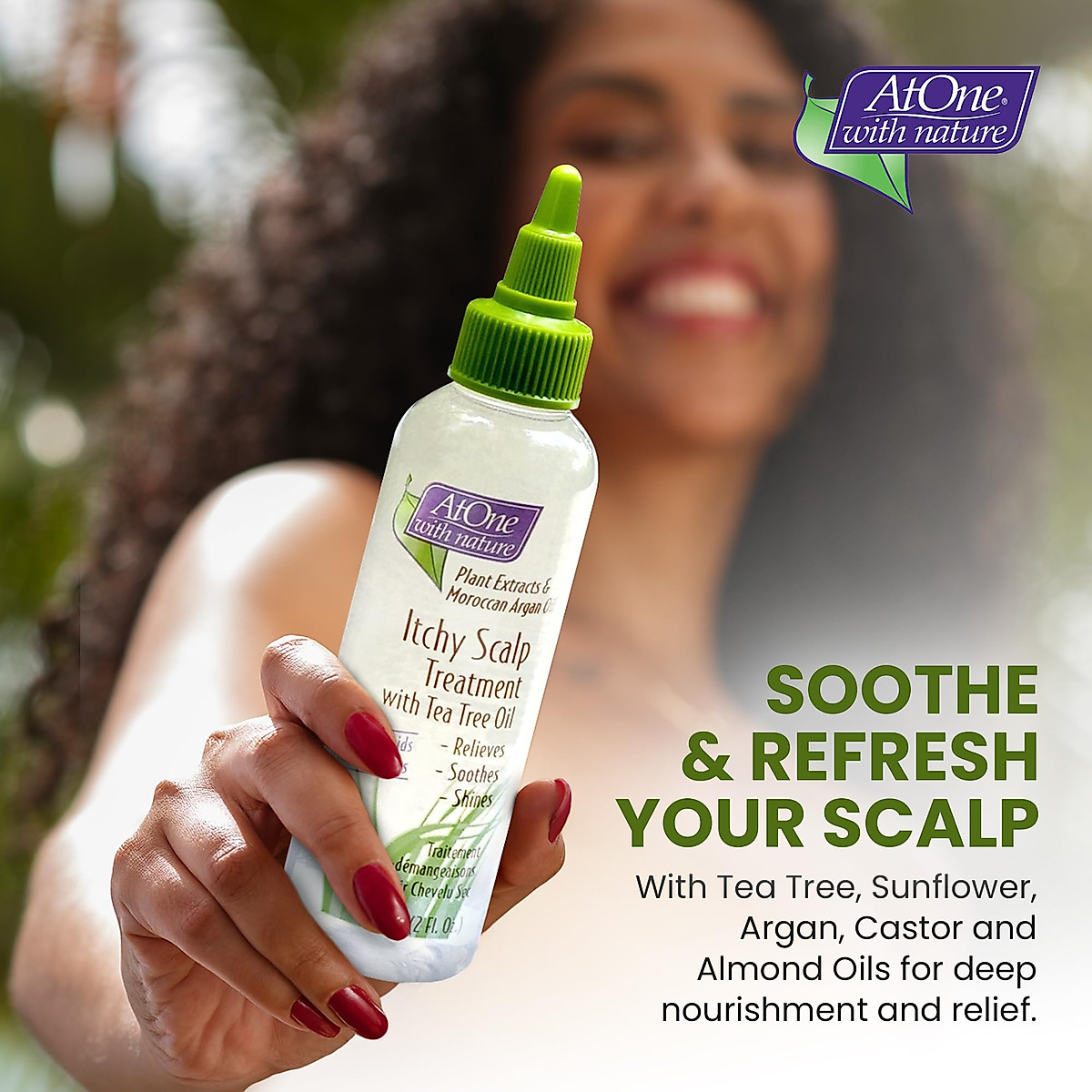 AtOne with Nature Itchy Scalp Treatment with Tea Tree Oil - Cleanses and Soothes, 2 Fl Oz, Infused with Sunflower, Argan, and Almond Oils