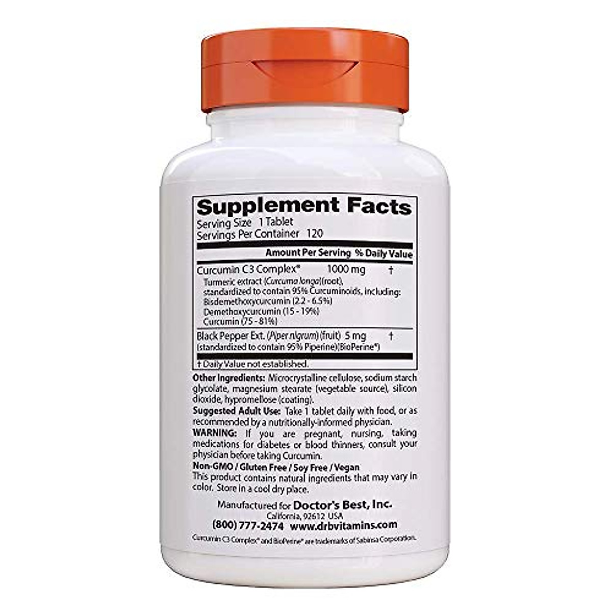 Doctor's Best Curcumin From Turmeric Root with C3 Complex & BioPerine, Non-GMO, Gluten Free, Soy Free, Joint Support, 1000 mg, 120 Tablets