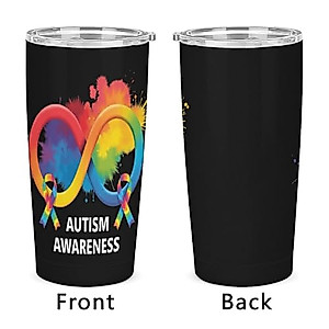 Autism Awareness Infinity Ribbon 20 OZ Stainless Steel Tumbler Travel Car Coffee Mug with Straw Lid Cleaning Brush Coffee Tumbler Mug for Women Men