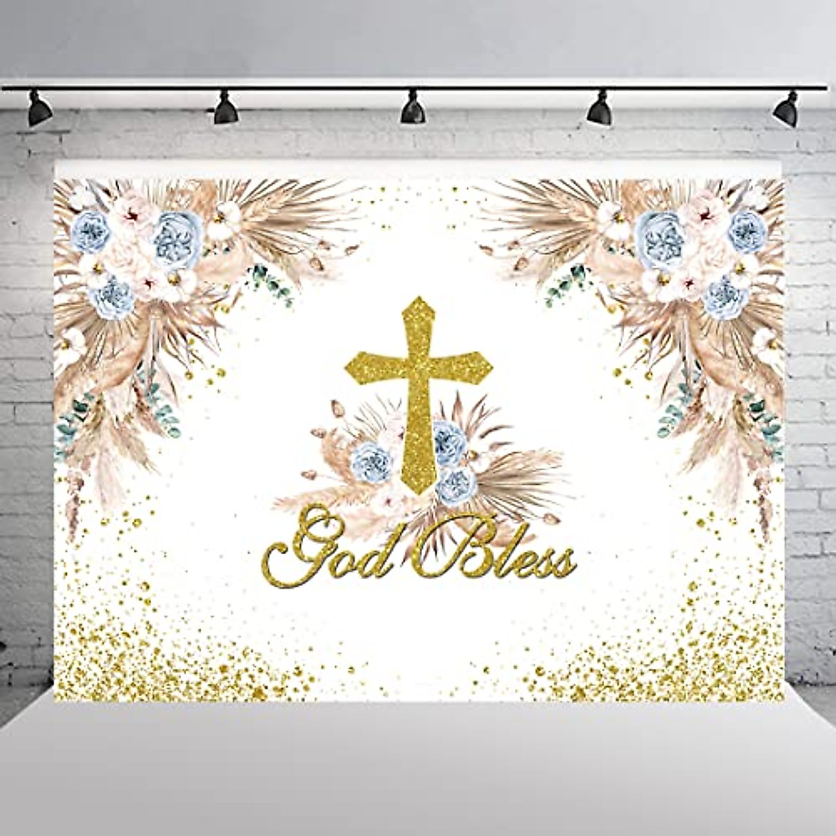 Wollmix 1st First Communion Baptism Decorations Backdrop 7x5ft God Bless Holy Communion Banner Christening Gold Dots Boho Florals Photography Background Baby Shower Banner Photo Booth Props