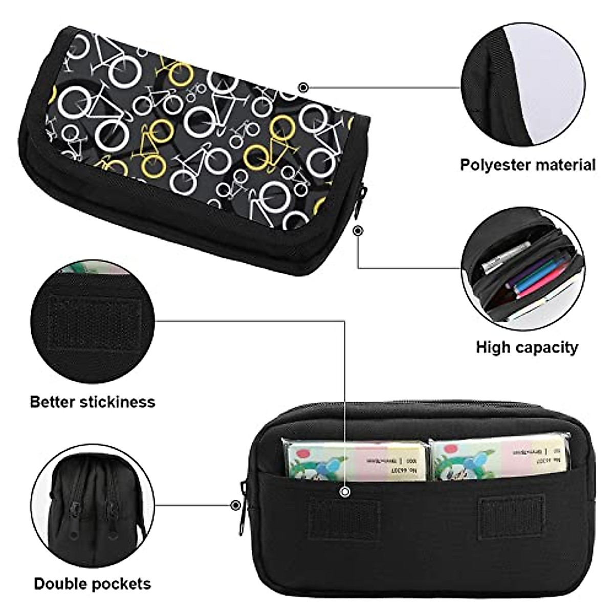 Bike Bicycles Pattern Large Capacity Pencil Case Multi-Slot Pencil Bag Portable Pen Storage Pouch with Zipper