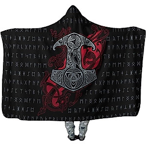 Viking 3D Printed Hooded Blanket Warm Soft Thor's Hammer Rune Viking Dragon Unisex Winter Wearable Hooded Blanket Double Thick Plush Fleece Blanket Cape ( Color : Blanket , Size : 80x60in/150x200cm )