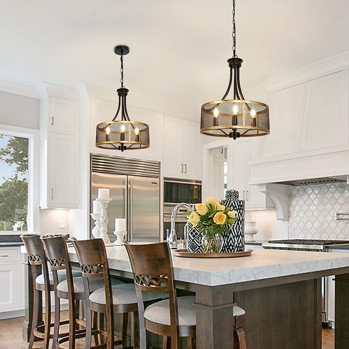 DLLT 4-Light Farmhouse Chandelier, 16" Industrial Pendant Lighting, Drum Hanging Light Fixture with Antique Gold and Matte Black Finished for Dining Room Kitchen Living Room, Height Adjustable