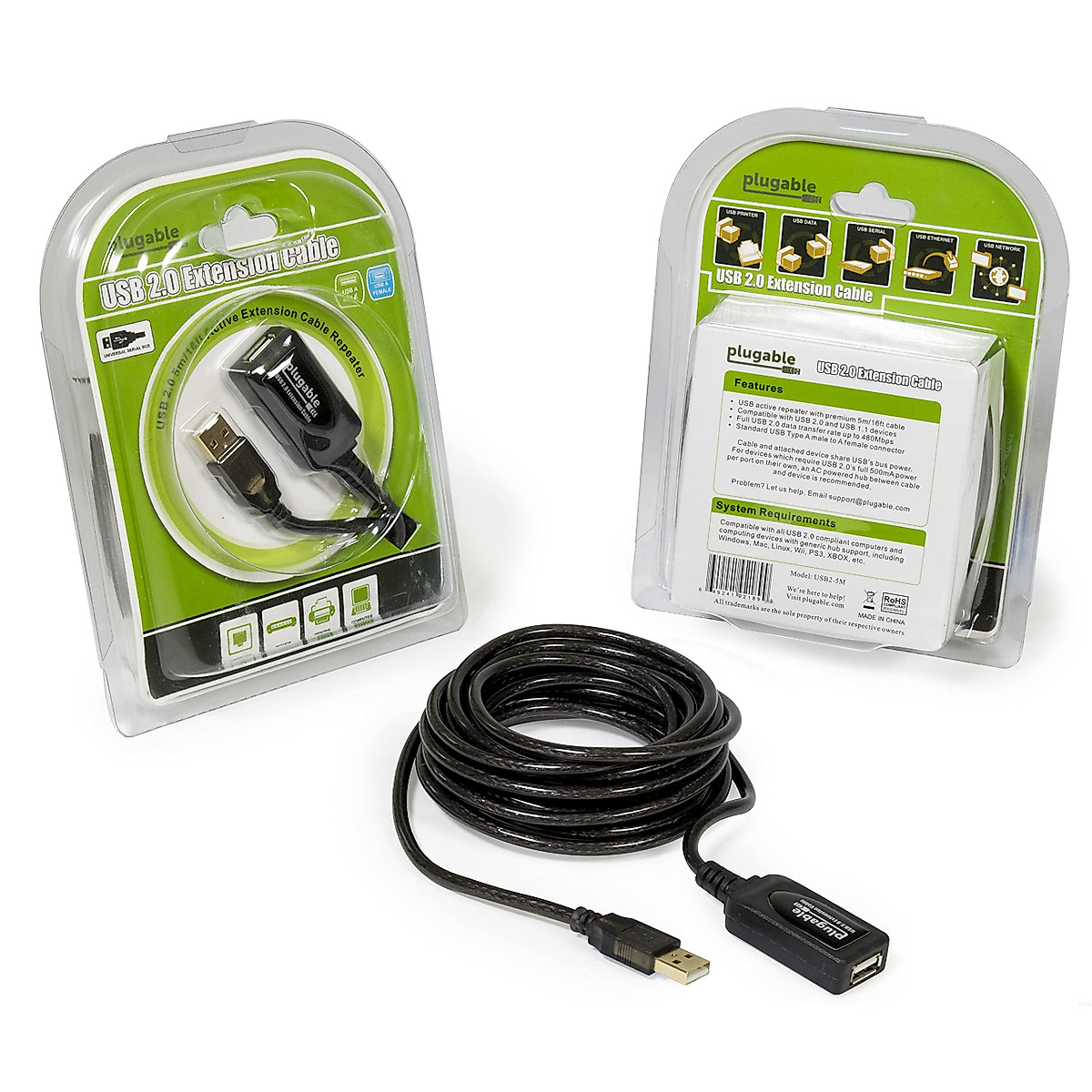 Plugable 5 Meter (16 Foot) USB 2.0 Active Extension Cable Type A Male to A Female - Driverless