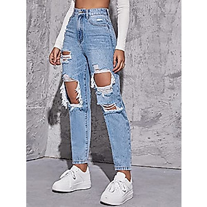 MakeMeChic Women's High Waist Straight Leg Ripped Jeans Distressed Denim Pants Light Wash2 M