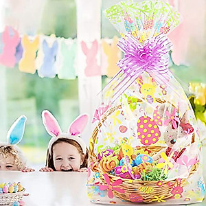 WeDoSoy 10 Pack Easter Basket Bags, Large Cellophane Bags, 22x32 Inches Cello Basket Bags Easter Eggs Bunny Wrap Bags with 10 Pieces Pull Bow, Cellophane Wrapping for Gift Packaging Party Decorations