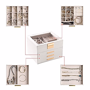 Frebeauty Clear Lid Jewelry Box,4 Layers Jewelry Organizer Large Multi-Functional Jewelry Storage Box with 3 Drawers,Jewelry Display Case of Rings Earrings Necklace Bracelets for Women Girls (White)
