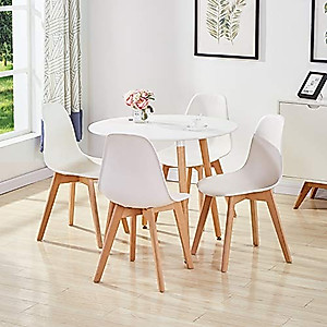 NIERN Round Dining Table with Beech Wood Legs, Modern Wooden Kitchen Table for Dining Room Kitchen (White)