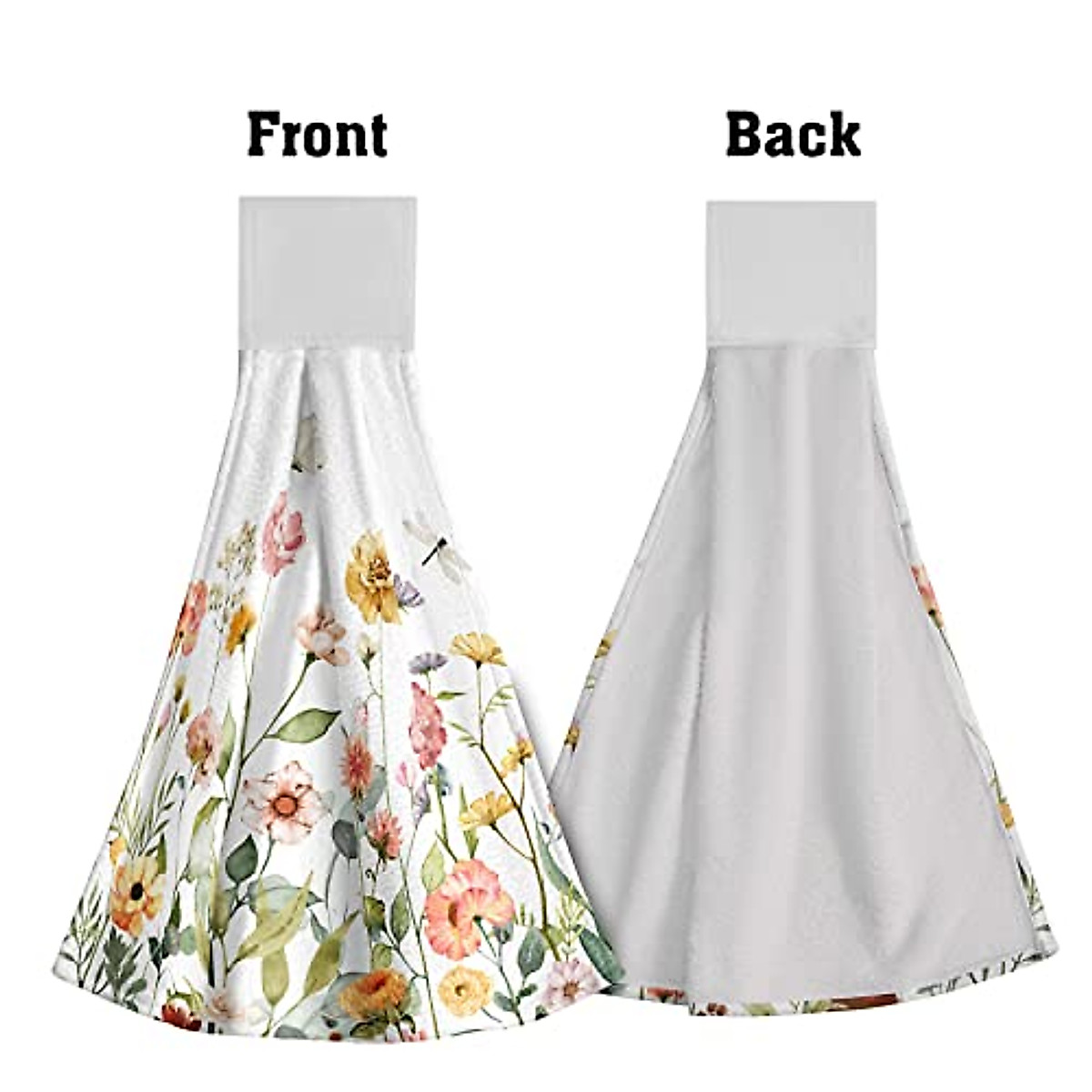 Wild Flowers Hanging Tie Towels Set 2 Pcs Summer Spring Floral Kitchen Hand Towel Absorbent Soft Coral Velvet Tea Bar Dish Dry Cloth for Kitchen Bathroom