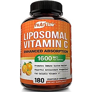 NutriFlair Liposomal Vitamin C 1600mg, 180 Capsules - High Absorption, Fat Soluble VIT C, Antioxidant Supplement, Higher Bioavailability Immune System Support & Collagen Booster, Non-GMO, Vegan Pills