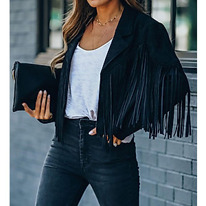 CHARTOU Casual Faux Leather Jacket Women Motorcycle Jacket Fringe Cropped Jacket Utility Tassel Suede Moto Jacket (Small,Black)