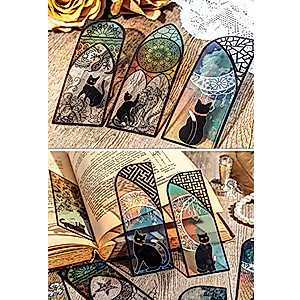 PUDIS Cool Bookmarks, Waterproof, 6 Pieces Bookmarks for Book Lovers, Women, Men, Unique Book Mark for Boys, Girls, Students, Classroom Gifts, School Prize, Reading Present (Cat and Moon)
