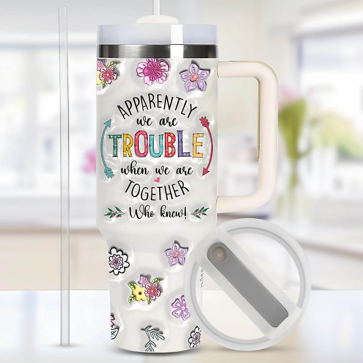 NAHOTICQ Personalized Bestie Cup - Friendship Gift For Bestie, Best Friends, Women, Sisters - We're Trouble When We're Together 3D Effect Tumbler 40oz - Birthday Gifts For BFF, Friend, Women, Her