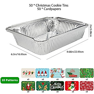 Christmas Decorations, Christmas Cookie Tins with Lids 50Pcs Tin Foil Containers 10 Styles Xmas-Themed Patterns Aluminum Food Containers Storage Pans for Treat, Party Leftovers