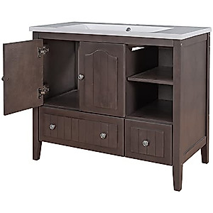 Lifeand, Integrated Combo with White Built-in Ceramic Top & Modern Base Cabinet 36" Bathroom Vanity with Sink, 36'', Brown