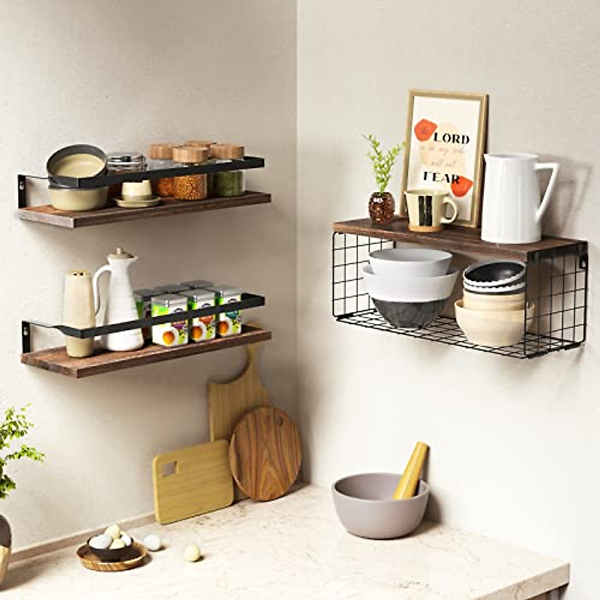 Floating Shelves Wall Mounted Set of 3, Rustic Wood Wall Shelves for Wall Decor Bathroom Shelves Over Toilet with Paper Storage Basket for Home Decor, Laundry Room Storage Shelves (Carbonized Brown)