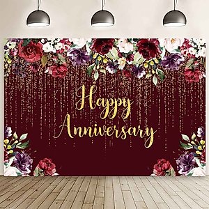 MEHOFOND 10x7ft Happy Anniversary Backdrop Gold Glitter Burgundy Wedding Anniversary Photography Background Couple Wedding Women Birthday Floral Party Decoration Cake Smash Decor Studio Photo Backdrop