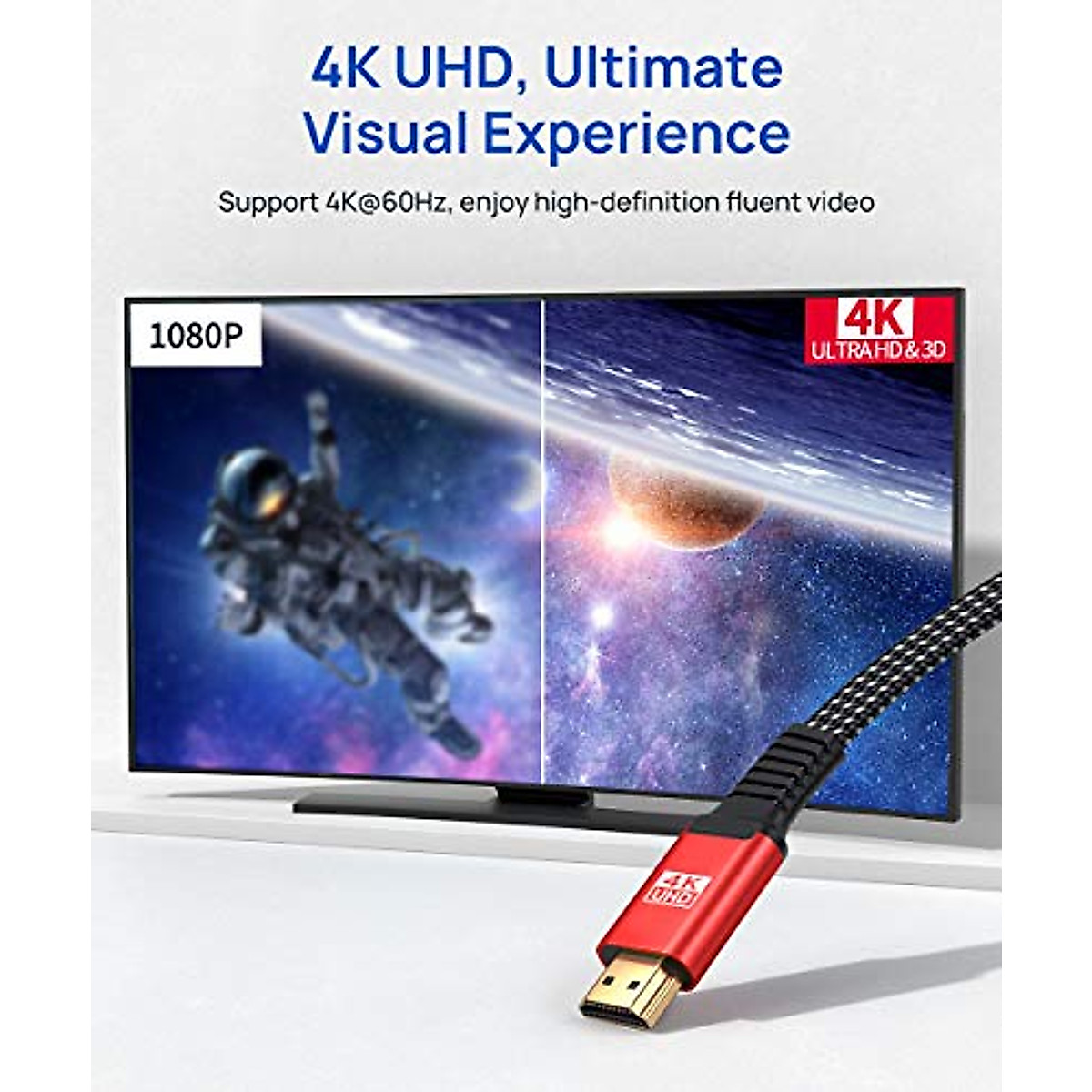 JSAUX 4K HDMI Cable 15ft, Flat Slim HDMI 2.0 Cable High Speed 18Gbps HDMI to HDMI Cord Support 3D, 4K@60Hz, 2160P, HD 1080P, Audio Return(ARC) Ethernet Compatible with UHD TV, Playstation PS4 PS3-Red