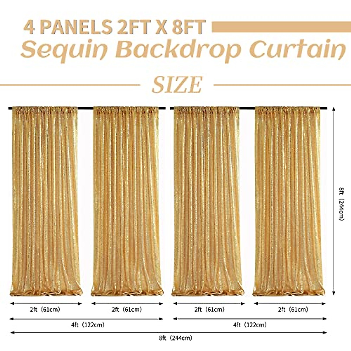 Sequin Backdrop Curtain 4 Panels 2ft x 8ft Wedding Ceremony Background Backdrop Glitter Shimmer Fabric Backdrop Drapes for Photography Props Wedding Arch Bridal Shower Home Decoration (Gold)