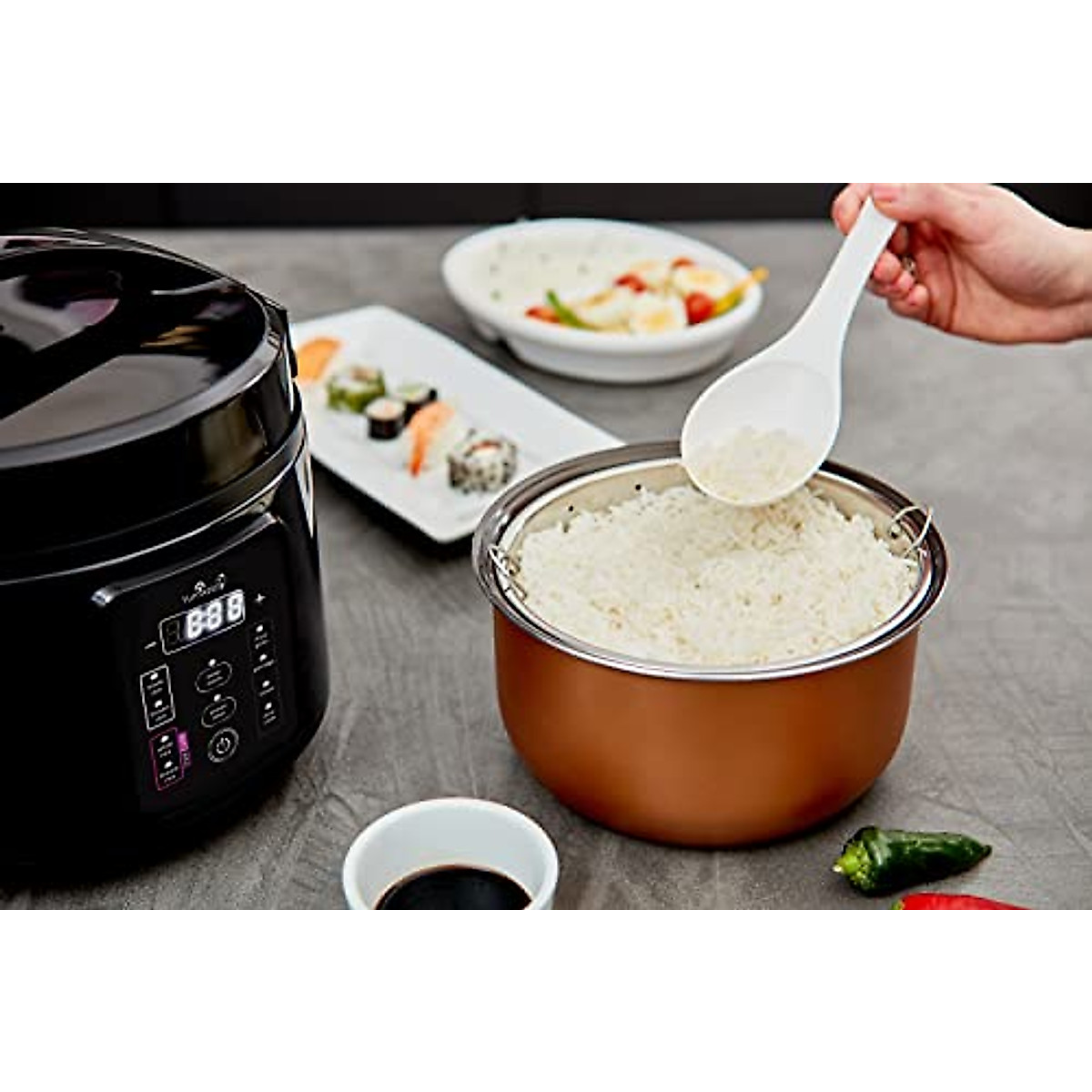 Yum Asia Kumo YumCarb Rice Cooker with Ceramic Bowl and Advanced Fuzzy Logic, (5.5 Cups, 1 Litre), 5 Rice Cooking Functions, 3 Multicooker Functions, 110V US Power (Dark Stainless Steel)