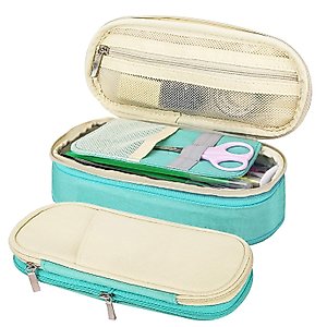MoKo Big Capacity Pencil Pen Case, Large Capacity Storage Bag Pouch Box Makeup Pen Bag Cosmetic Bag Stationery Organizer Storage with Zippers for Office/School Supplies - Beige & Blue