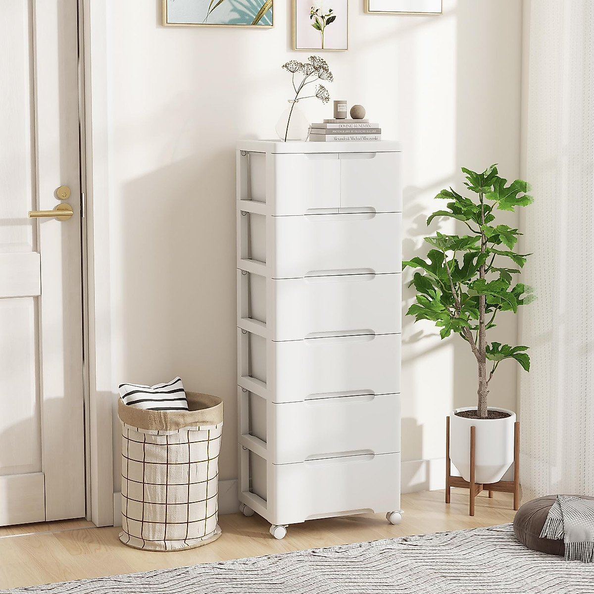 LOKO 7-Drawer Plastic Rolling Storage Cart, Mobile Storage Cabinet with 4 Universal Wheels, Vertical Storage Tower Container Unit for Living Room, Bedroom, Home Office, White (16”x13"x45” (7 Drawers))