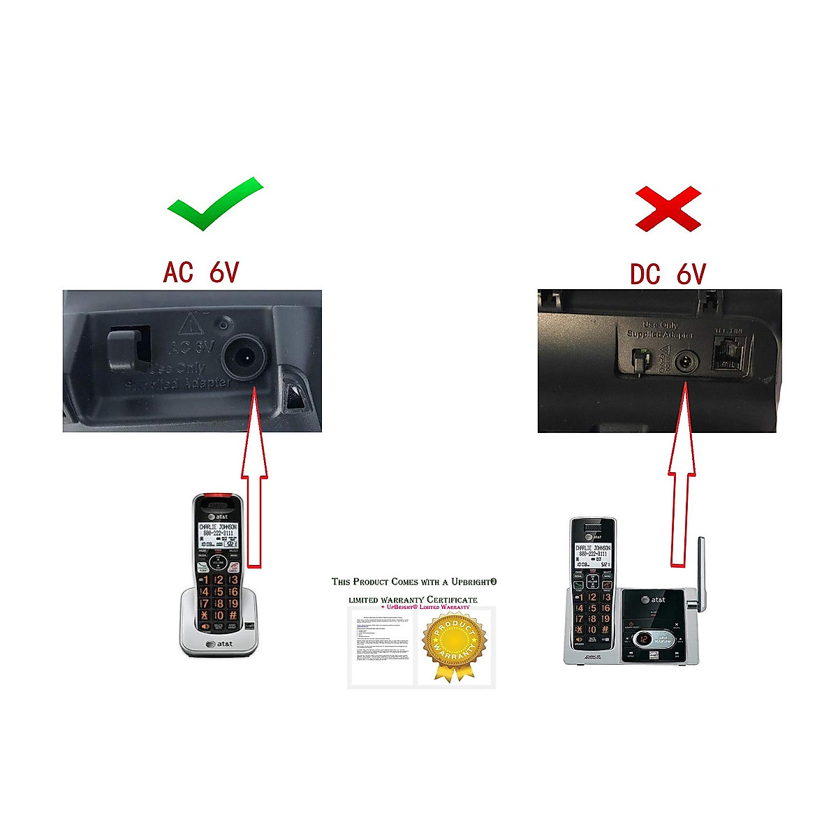 UpBright 6V AC Adapter Compatible with U060030A12V US-0603 SIL Vtech AT&T DS6101 CRL82312 CRL82212 CS6919 CS6529 CS6619 CS6629 CS6859 EL52100 EL52109 TL86009 CRL8111 Phone Handset AC6V Power Charger